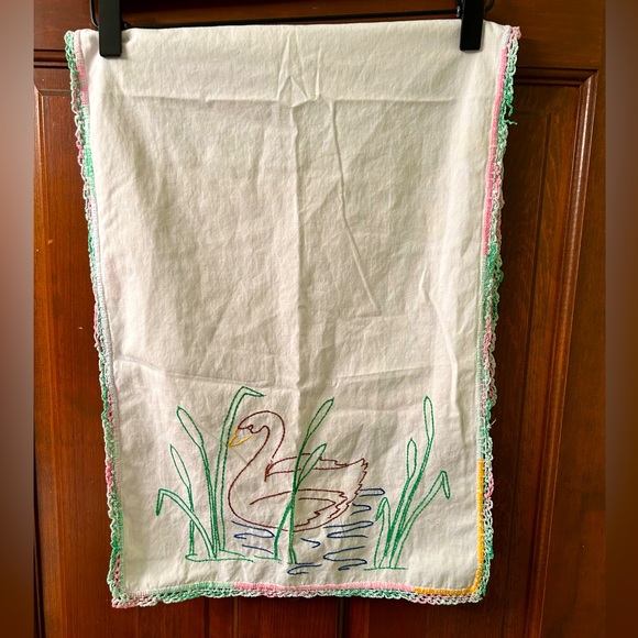 Vintage | Other | Vtg Embroidered Linen Dust Cover Wswan Pretty Lace ...